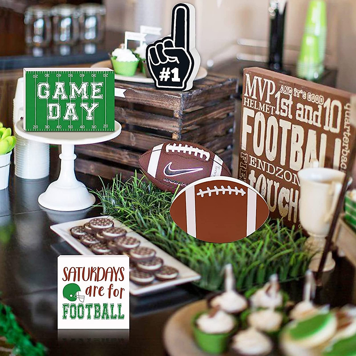 Satiable Football Party Decorations, 4 Pcs Football Tiered Tray Decor, Saturday are for Football Wooden Signs Game Day Wood Block Farmhouse Rustic Tiered Tray Items for Home Kitchen Table Bookshelf
