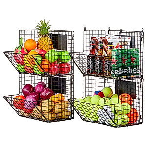 X-cosrack Metal Wire Basket Wall Mount, 4 Tier Extra Large Wall Storage Basket Organizer with Chalkboards, Kitchen Fruits and Vegetables Produce Bin Rack Toys Organizer Bathroom Tower Baskets (Black)