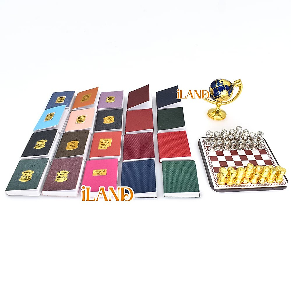 iLAND Miniature Dollhouse Accessories for Dollhouse Furniture, Mini Book Globe Chess Set for Dollhouse Study Room (Classic 22pcs)