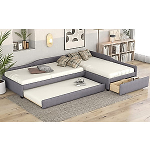 Harper & Bright Designs Upholstered Double Twin Size Daybed with Trundle and Drawer for Kids Boys Girls Student, Gray