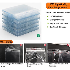 250 Pack - WTQ Waterproof ID Badge Holders (Fit 3.6 x 2.4 Insert), Clear Plastic, Premium Quality, Heavy-Duty, Horizontal Hanging Card Holder with Zipper, Sealable Vinyl Nametag Holders
