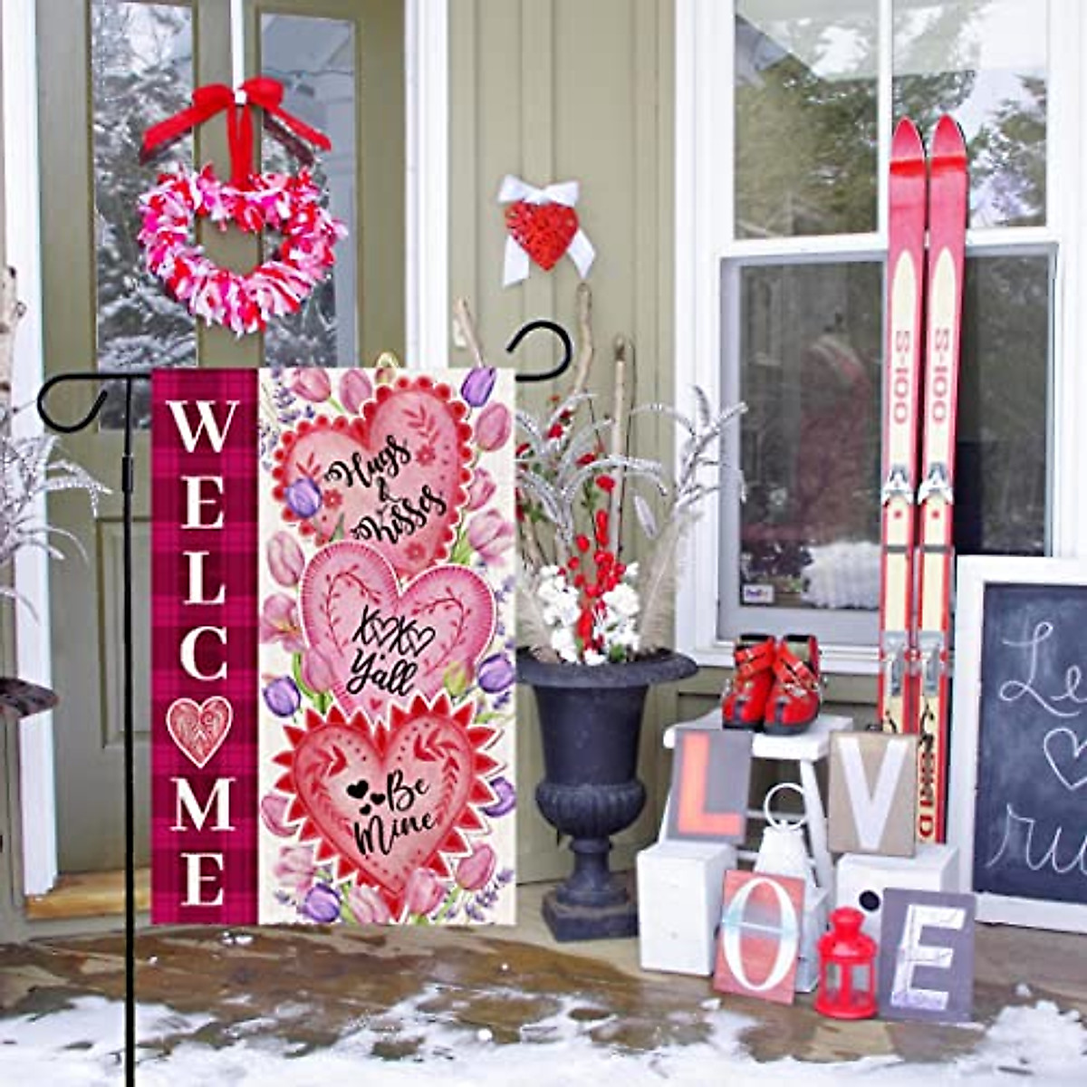 Baccessor Valentine's Day Love Heart Hugs Kiss Be Mine Tulip Garden Flag Double Sided Spring Burlap Flag Anniversary Wedding Yard Outdoor Seasonal Decoration 12x18 Inch