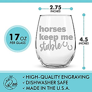 Horse Gifts for Horse Lovers - “Horses Keep Me Stable” “I’d Rather Be At The Barn” 17Oz 2PC Stemless Wine Glass Set - Funny Horse Gifts For Women - Horse Cup/Tumbler for Horse Lovers