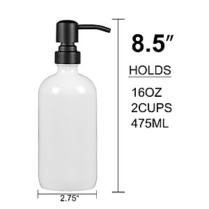 CHBJDAN 2 Pcs Thick White Glass Pint Jar Hand Soap Dispenser Bathroom with Matte Black Stainless Steel Pump, 16oz White Colored Boston Round Bottles Dispenser with Rustproof Pump for Ktichen Dish