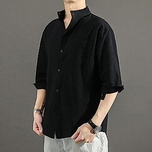 Men's Cotton Linen Shirt Solid Plain Roll-Up Sleeve Summer Beach Shirts Casual Button Down Yoga Shirt Tops (Black,Large)