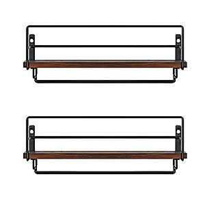 SODUKU Wall Mounted Wine Rack Wood Rustic Wine Bottle Glass Floating Shelves with Stemware Hanger Modern Wine Display Storage Holder for Kitchen Dining Room Bar Wall Décor Sef of 2