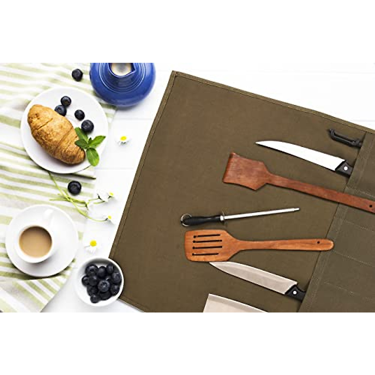 Knife Roll Portable Bag Travel Carrier Bag with 7 Slots Kitchen Cooking Tools And Utensils Wrap Bag Wallet Multi-Purpose Brush Roll Bag (Olive, Canvas)