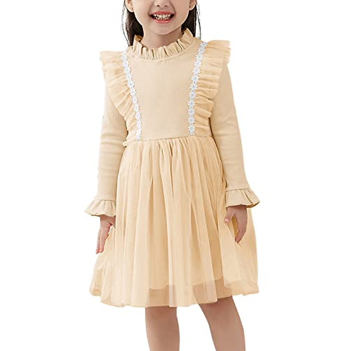 Toddler Baby Girls Knit Sweater Floral Tutu Dresses Long Sleeve Princess Fluffy Tulle Dress (Apricot, 4-5T)