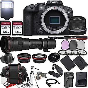 Canon EOS R10 Mirrorless Camera w/RF-S 18-45mm f/4.5-6.3 is STM Lens + 420-800mm f/8.3 HD Manual Telephoto Lens + 2X 64GB Memory + Hood + Case + Filters + Tripod & More (35pc Bundle)