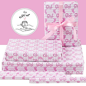 AircooL Baby Girl Wrapping Paper, It's a Girl Baby Girl Feet Pink White Stripes Wrapping Paper 20 x 28 inches for Girl Birthday Present Gender Reveal Theme Baby Shower Party Kindergarten Newborn