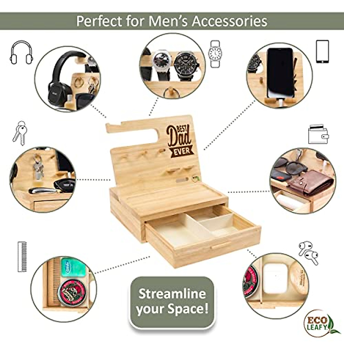 EcoLeafy Dot Best Dad Ever Gifts- Nightstand Organizer for Men- Docking Station for Dad- Personalized Gifts for Men- Phone Organizer Station for Cellphone, Watch, Headphone and Mens Accessories