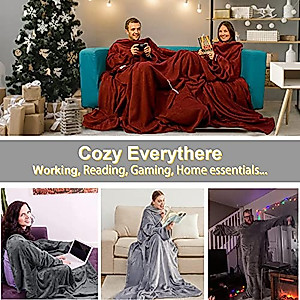 BALWYN TV Blanket with Sleeves Microfibre Foot Pocket Sleeves Fleece, 170 x 200 cm (Red)