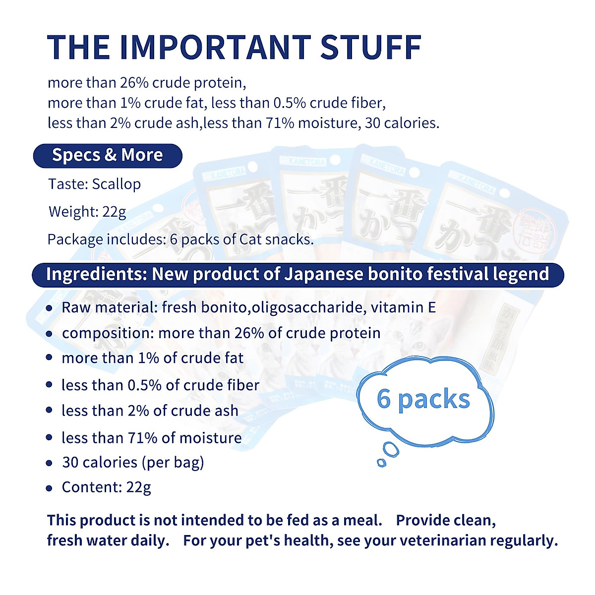 Purrfectpaws Natural Hand-Cut Cat Treats/Cat Complement, 0.8 Ounces of cat Topper, Cat Broth Digestive Support Hairball Control, six in a Pack(Bonito Flavored)