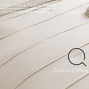 ZRNBAST 5 Pcs Beige Grey Comforter Set Full Size Pleated Textured Bohemian Style Bedding Set with Sheets Pinch Pintuck Striped Fluffy Comforter Set for All Seasons (Beige, Full)