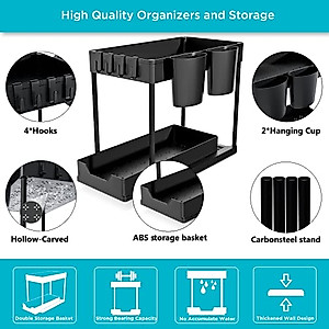 2 Pcs 2-Tier Under Sink Organizers and Storage with Bottom Pull Out Drawers, Towels Hooks and Hanging Cups, Bathroom/Kitchen Multipurpose Miscellaneous Supplies Organization And Storage Rack