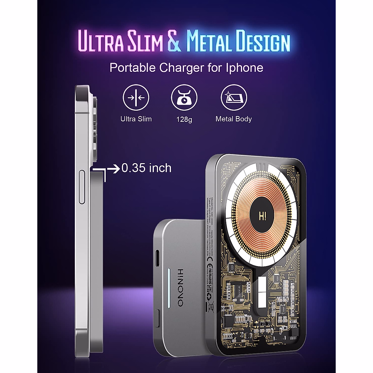 HINOVO 5000mAh Magnetic Wireless Power Bank, Transparent Portable Charger iPhone, Ultra Slim Battery Pack for Magsafe, Wireless Charger with 20W PD Fast Charge for iPhone 16/15/14/13/12 Series