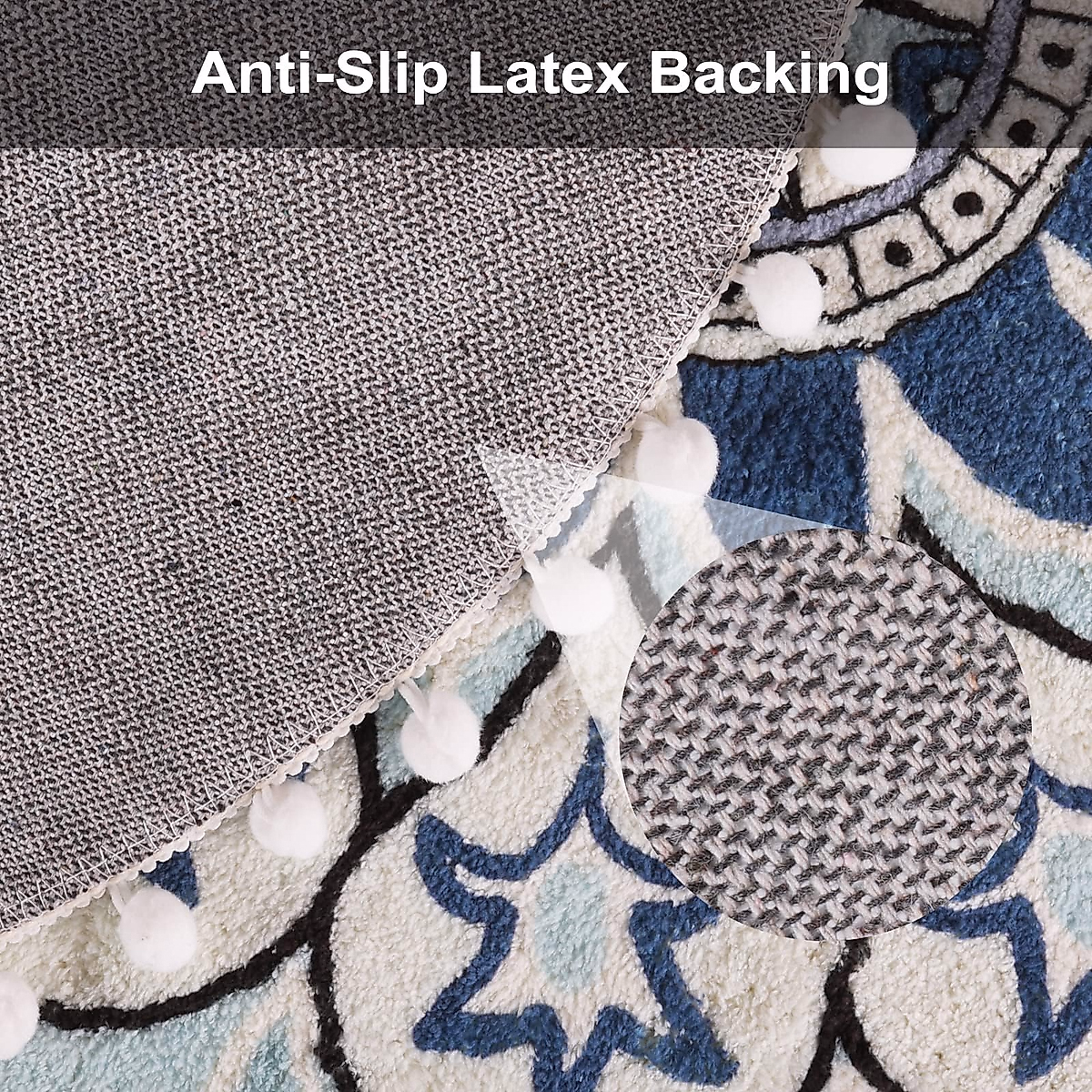 Uphome Small Round Rug 2.3ft Blue Boho Bathroom Rugs with Pom Pom Fringe Non-Slip Washable Mandala Circle Bath Mat Soft Cute Bohemian Throw Rug for Bedroom Sink Dorm Powder Room