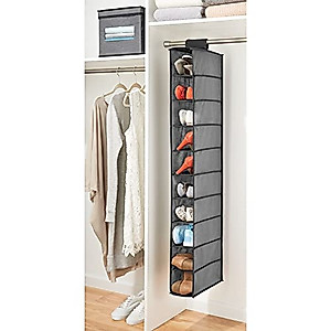 mDesign Soft Fabric Closet Organizer - Holds Shoes, Handbags, Clutches, Accessories - 10 Shelf Over Rod Hanging Storage Unit - Textured Print - Charcoal Gray/Black