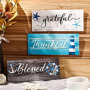 Yookeer 3 Pieces Thankful Grateful Blessed Wooden Signs Coastal Rustic Wood Signs Wood Farmhouse Wall Decor Beach Wood Front Hanging Sign for Farmhouse Outdoor Decor (Coastal Style)