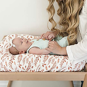 Bebe au Lait Premium Muslin Changing Pad Cover - Elasticized Fit, Safety Strap Holes, 2-Layer Open-weave, 100% Cotton Muslin, Fits Standard Baby Changing Pad up to 36" X 18" X 6"-One Size, Pink Leaves