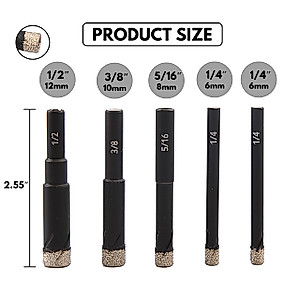 GUSHI Diamond Drill Bits Set-5pcs Dry Core Drill Bit Kit Round Shank Fixed, Vacuum Brazed Hole Saw for Granite Marble Tile Ceramic Stone
