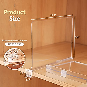 Sclvdi Acrylic Shelf Dividers,4 Pcs Closets Shelf Organizer for Clothing Handbags Books in Pantry, Bedroom and Kitchen, Adjustable Clear Closet Separator Wood Shelves Organize