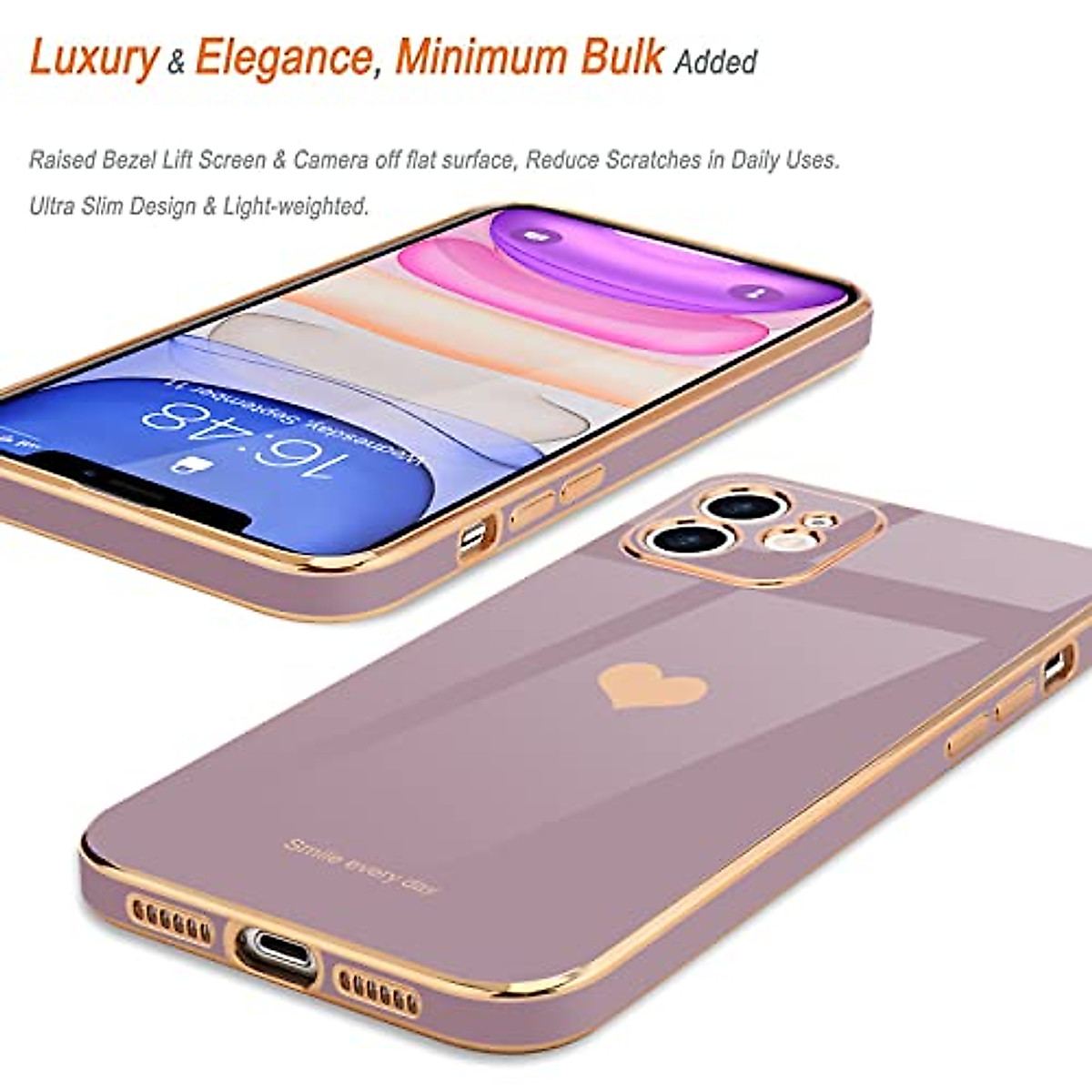 Teageo Compatible with iPhone 11 Case for Girl Women Cute Love-Heart Luxury Bling Plating Soft Back Cover Raised Camera Protection Bumper Silicone Shockproof Phone Case for iPhone 11, Lavender