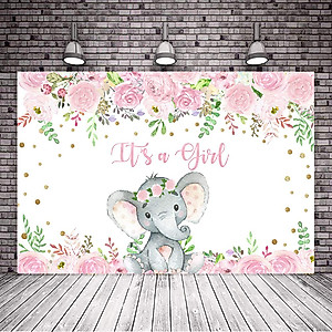Mocsicka Elephant Baby Shower Backdrop Girl Pink Floral Little Elephant Baby Shower Background 7x5ft Blush Pink and Gold Sprinkle Elephant Baby Shower Backdrop Decorations for Girls