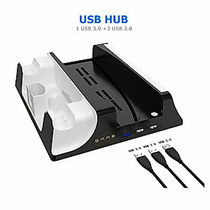 EJGAME Stand with Suction Cooling Fan and Dual Controller Charger Station Compatible with PS5 Console and PS5 Digital Edition, Built-in Headset Holder,Media Remote Stand and14 Game Rack Organizer