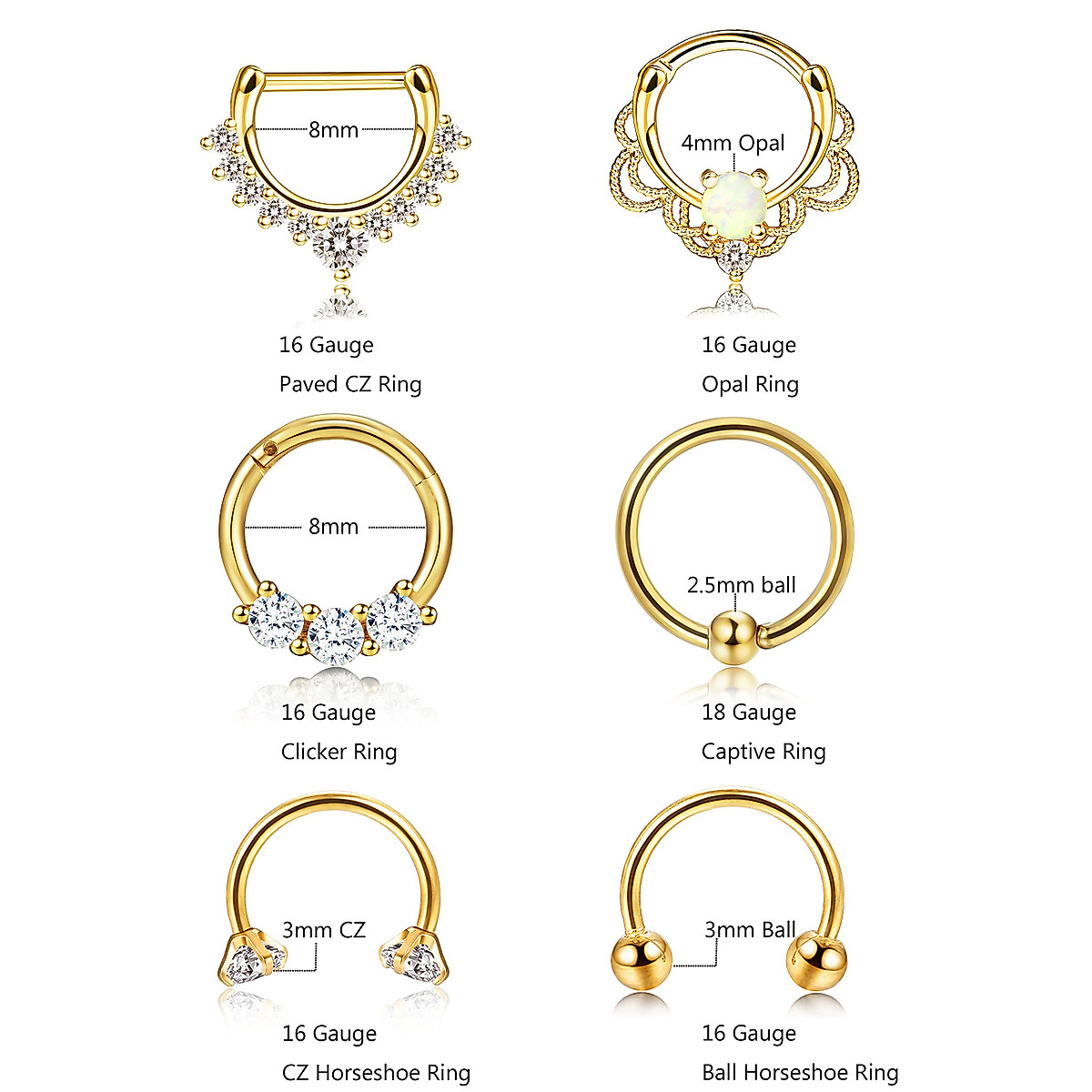 ORAZIO 6PCS 16G 316L Stainless Steel Septum Hoop Nose Ring Horseshoe Rings Cartilage Clicker Piercing Jewelry Gold-Tone