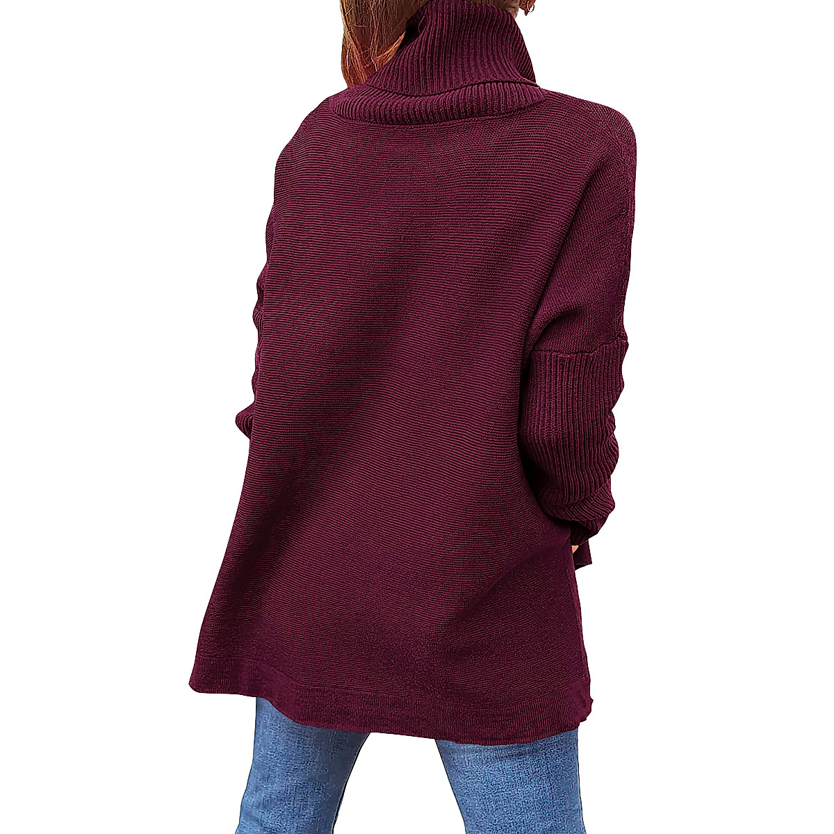 ANRABESS Women's Oversized Turtleneck Batwing Sleeve Spilt Casual Loose Knit Tunic Pullover Sweater Tops 2025 Fall Outfits Wine Red Small