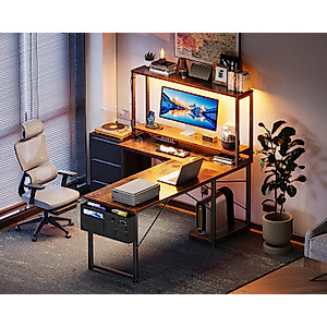 AODK L Shaped Desk Gaming Desk with LED Light & Power Outlet, 53 Inch Reversible L Shaped Computer Desk with Shelf, Corner Desk with Storage Bag&Hook for Home Office Desk, Vintage