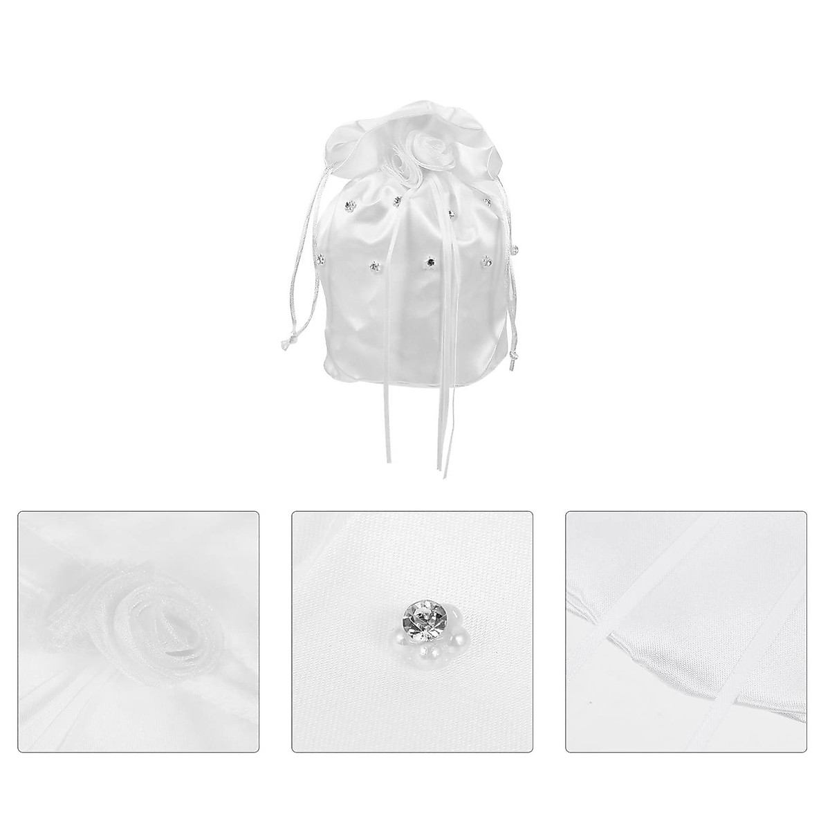 SEWACC Pearl Bag Bridal Purse Wedding Money Bag White Satin Bridal Purse for Women Flower Decorated Handbag Gift Bag Pouch Bag Wedding Supplies Satin Bags Rhinestone Purse