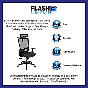 Flash Furniture Ergonomic Mesh Office Chair with Synchro-Tilt, Pivot Adjustable Headrest, Lumbar Support, Coat Hanger and Adjustable Arms in Black