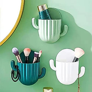 Gecau 4PC Cactus Shape Storage Box - Punch-Frees Cartoon Soap Holder - Wall Mounted Makeup Tool Container for Shower Toilet Bathroom Kitchen