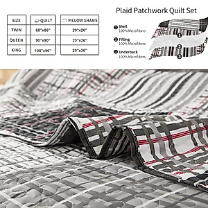 Bedspread Set Twin Size Quilt Set Plaid Bed Spread Coverlet Black White Grey Plaid Patchwork Stripe Modern Quilt Bedspread Bedding Soft Lightweight Reversible Home Bedding Mens Quilts for Twin Bed