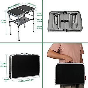JYEASTZ Folding Table Portable Camping Table with Storage Net, 2ft Aluminum Picnic Table 24" x 16" Adjustable 3-Level Height, Waterproof, Lightweight with Carry Handle for Picnic Beach Outdoor Indoor