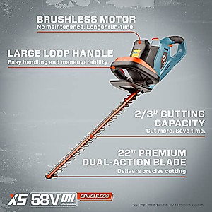 SENIX X5 58 Volt Max* Battery Powered 22-Inch Cordless Hedge Trimmer with Brushless Motor, Double-Sided Dual Action Blades, 2/3-Inch Cutting Capacity, 2.5 Ah Battery & Charger Included (HTX5-M)