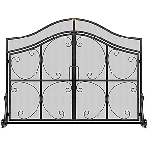 VIVOHOME 43.3 x 34 Inch Wrought Iron Fireplace Screen with Doors Metal Decorative Mesh Fire Spark Large Flat Guard Gate Cover Fireplace Barrier Panels Black