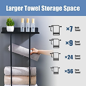 LIHOBI Towel Racks for Bathroom Wall Mounted, 15-30'' Adjustable Towel Holder with Shelf, 3 Hooks, and for Rolled Towels, Towel Storage for Bathroom Organizer, Black
