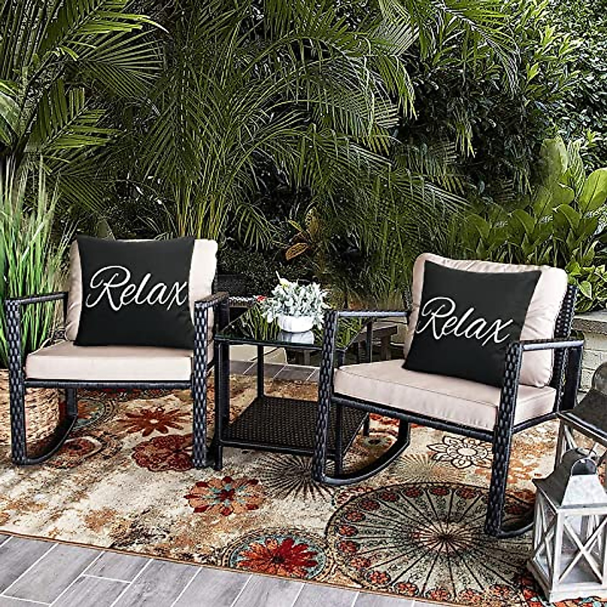 Pyonic Relax Outdooor Waterproof Throw Pillow Covers 18x18 Inch,Square Decorative Garden Cushion with Quotes & Sayings for Patiotent Couch Pack of 2,Black