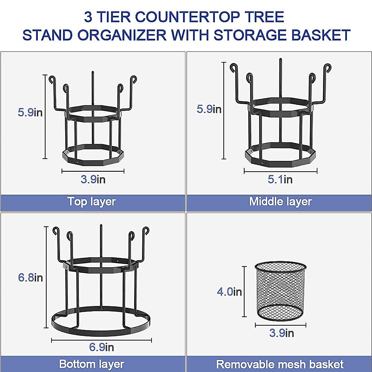 Auledio 3 Tier Countertop Tree Stand Organizer with Storage Basket,15 Mug Capacity Holder for Coffee, Glasses, and Cups, Black