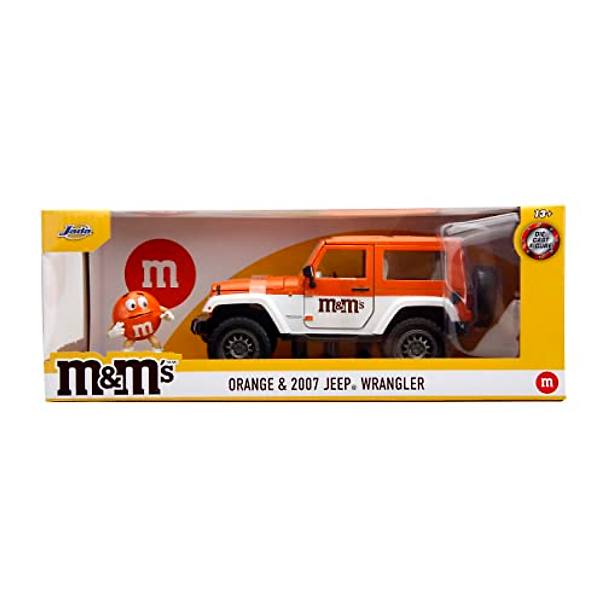 M&M's 1:24 2007 Jeep Wrangler Die-cast Car & 2.75" Orange Figure, Toys for Kids and Adults