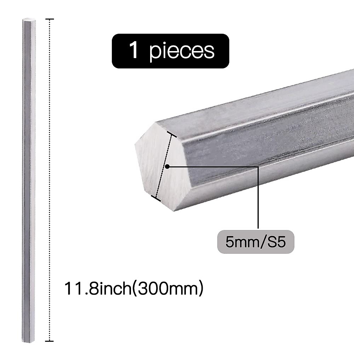 Feelers 304 Stainless Steel Hex Rod Bar S5 Opposite Side 3/16" Hexagonal Rod, 300mm Length, 1PCS