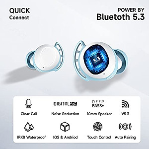 taopod Wireless Headphones, Bluetooth Earphones with LED Display, 42H Playtime, IPX7 Waterproof, Mini Earbud with Deep Bass, Bluetooth 5.3 Earphones for Sports Running Workout