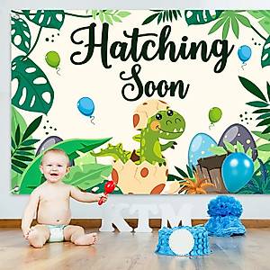 Hatching Soon Backdrop Banner Decor Green - Dinosaur Baby Shower Party Theme Decorations for Welcome Baby Gender Reveal Supplies