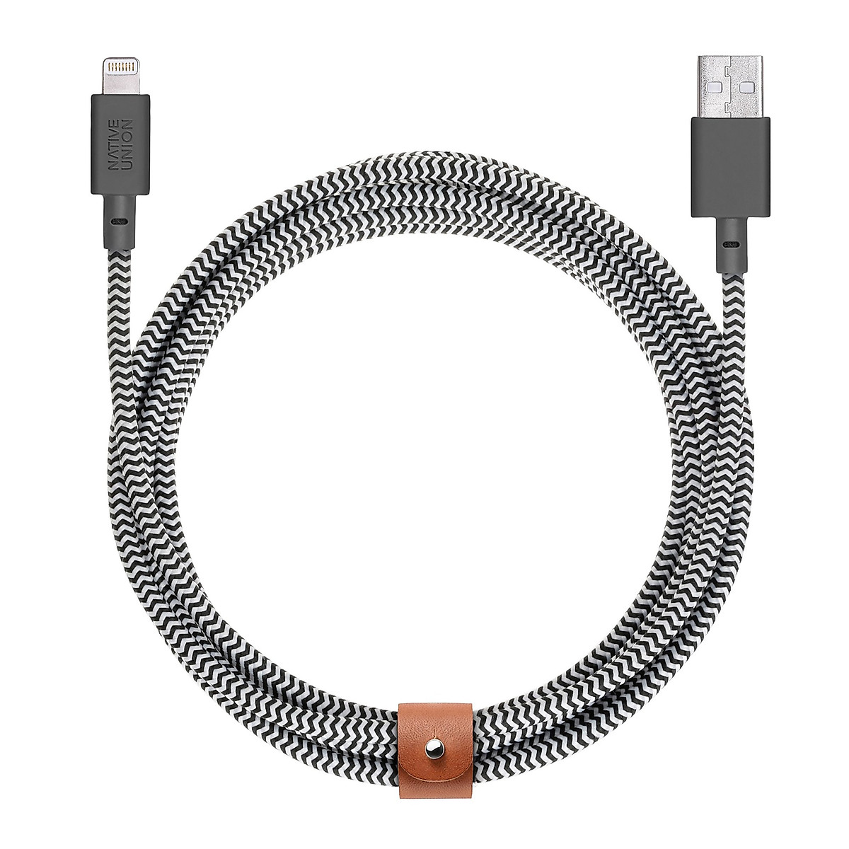 Native Union BELT Cable XL - 10ft Ultra-Strong Reinforced [MFi Certified] Durable Lightning to USB Charging Cable with Leather Strap compatible with iPhone 14, iPhone 13, iPhone 12 and Earlier (Zebra)