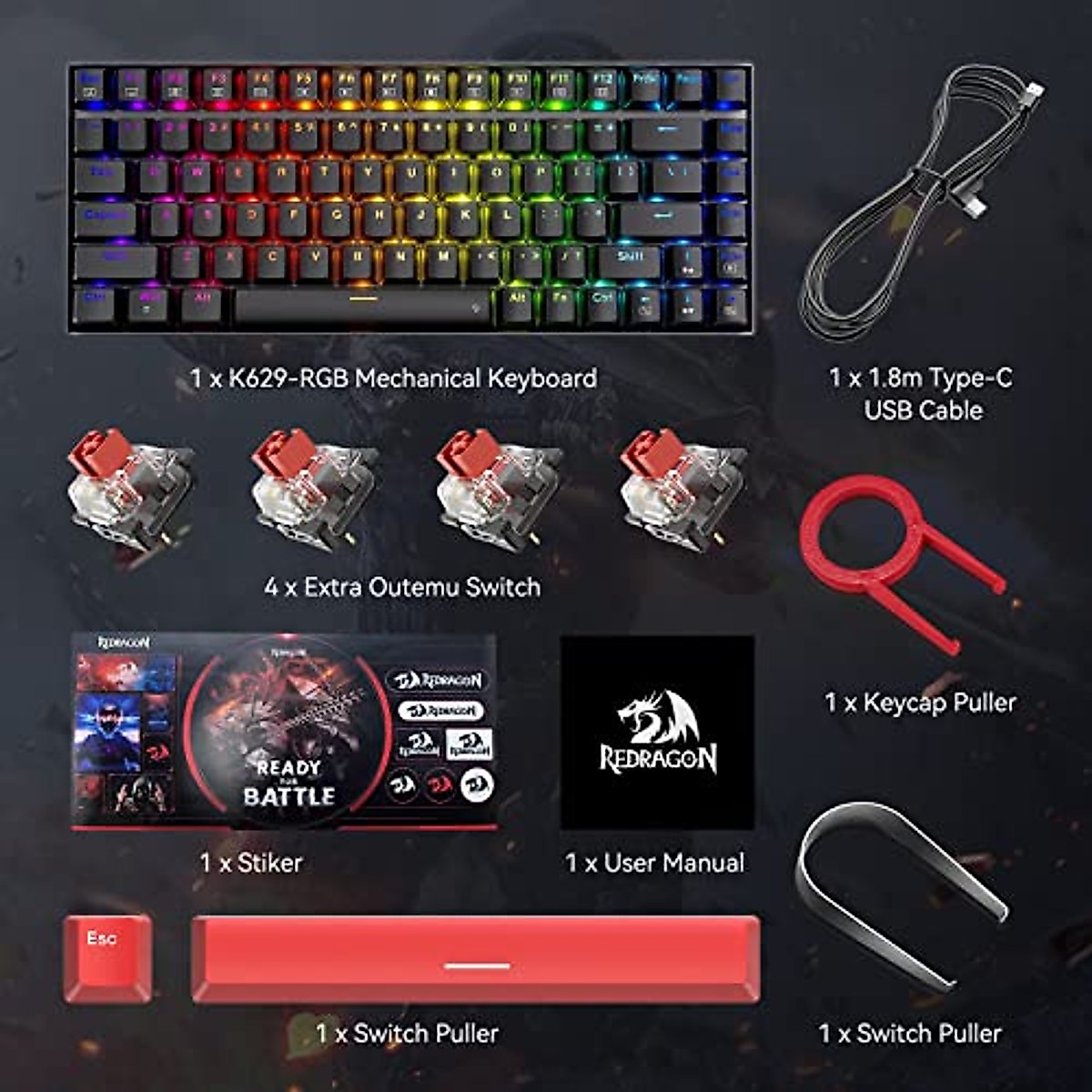 Mechanical Keyboard, Full RGB 75% Gaming Keyboard with Red Switches, Macro Editor Wired Keyboard 84 Keys for Windows Mac PC Laptop Tablet, K629-RGB
