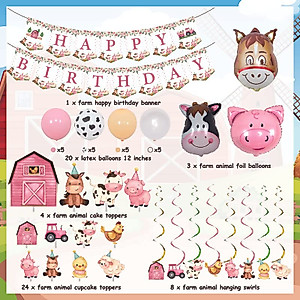 Pink Farm Animals Birthday Decorations for Girls Farmhouse Floral Theme Happy Birthday Banner Cow Pig Donkey Balloons Hanging Swirls Cake Cupcake Toppers for Kids Barnyard Theme Bday Party Supplies