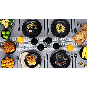 CREATIVELAND Round Stoneware Dinnerware Set Durable Kitchen and Dining,16 Piece Service For 4,Pasta Bowls,Large Salad Bowls,Porcelain Bowl,Wide and Shallow,Microwave and Dishwasher Safe, Matte Black.